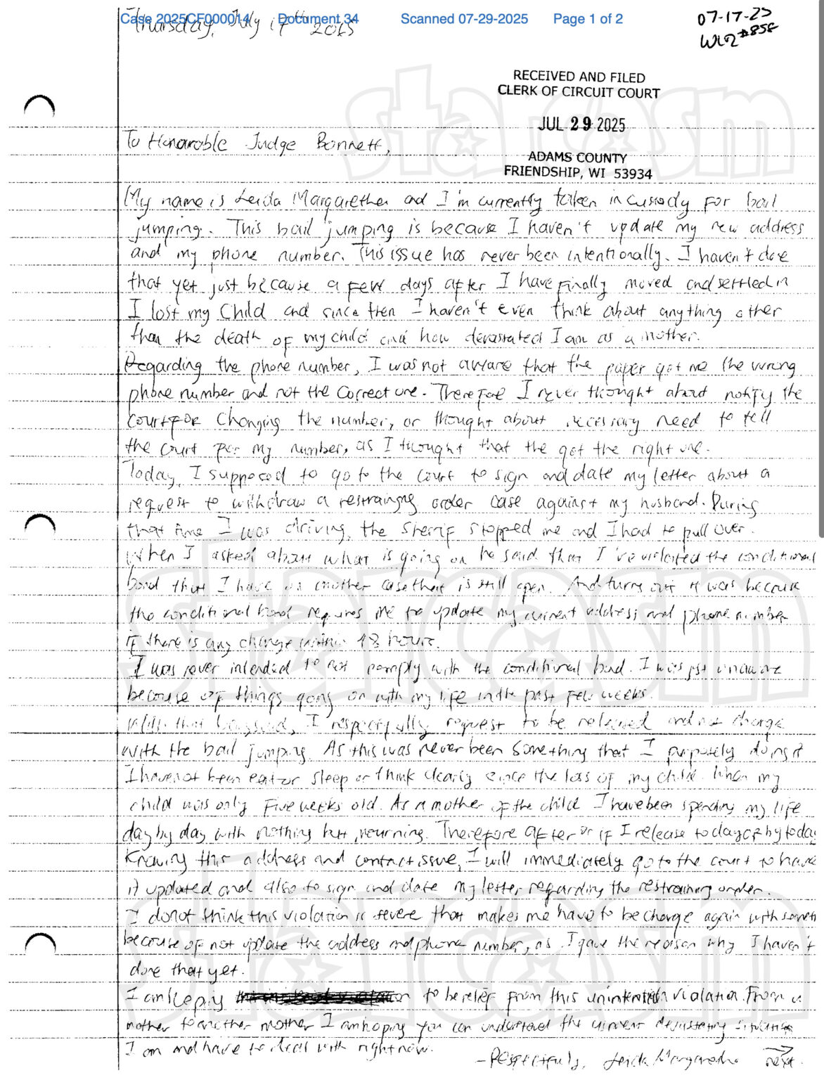Leida Margaretha’s letter to the judge in felony bail jumping case ...